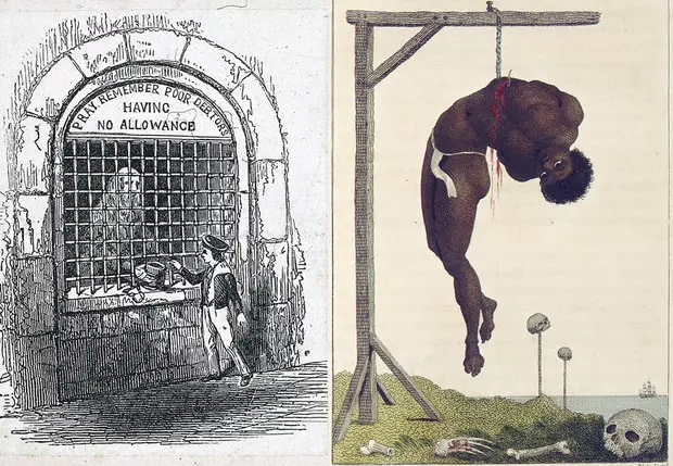 Long Prison Flit, London, 1800. Slave, suspendert bak ribbenene, 1792