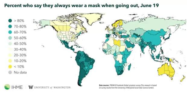 الصورة №2 - خريطة: كم من الناس واصلوا ارتداء قناع في بلدان مختلفة في يونيو؟