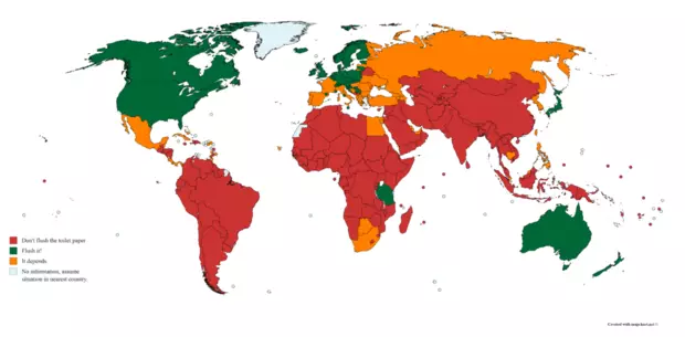 Foto №1 - Mapa: En que países pode lavar o papel hixiénico e no que non pode