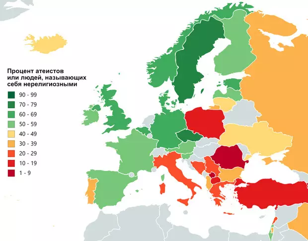 Ảnh №1 - Bản đồ: Có bao nhiêu người vô thần ở các nước châu Âu và ở Nga