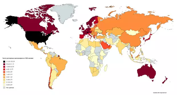 Kuva №1 - Kartta: prosenttiosuus dollarin miljonääreistä tuhat asukkaat eri maissa