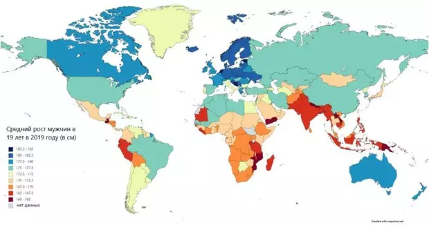 Litrato №2 - Mapa: Tunga nga Pagtubo sa mga Lalaki sa lainlaing mga nasud sa kalibutan. Unsa sa imong hunahuna ang Russia usa ka nasud nga mga dwarf o higante?