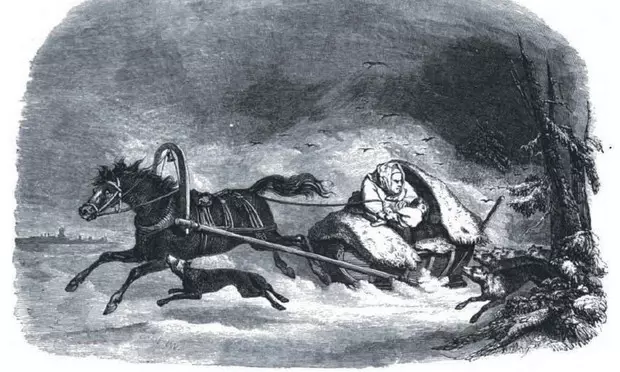 रूसी महिला भेड़ियों के साथ एक बच्चे को फेंकता है। फ्रांसीसी कलाकार चार्ल्स मिशेल जोफ्रो, 1845