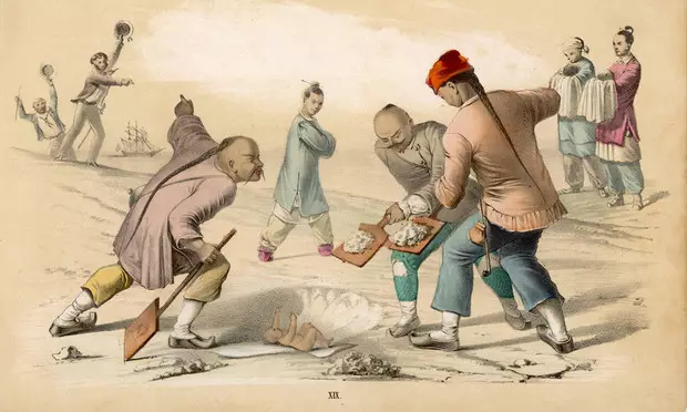 मिशनरी चीन में शिशु को रोकने की कोशिश कर रहा है। 1850 का चित्रण।