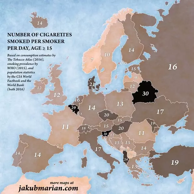 Diam duab №1 - MAP: Muaj pes tsawg tus luam yeeb hauv ib hnub haus luam yeeb hauv cov teb chaws sib txawv ntawm Tebchaws Europe