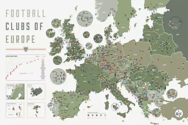 Gambar # 2 - Map: Klub bal-balan Eropa lan Rusia kanggo kutha-kutha pribumi